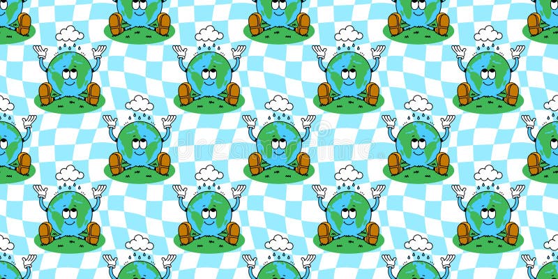 Vintage Earth Planet Cartoon Character Seamless Pattern Stock Vector ...