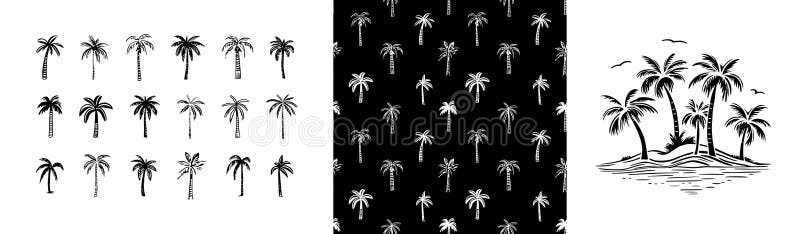 Hand Drawn Palm Tree Doodle Seamless Pattern Set Stock Vector ...