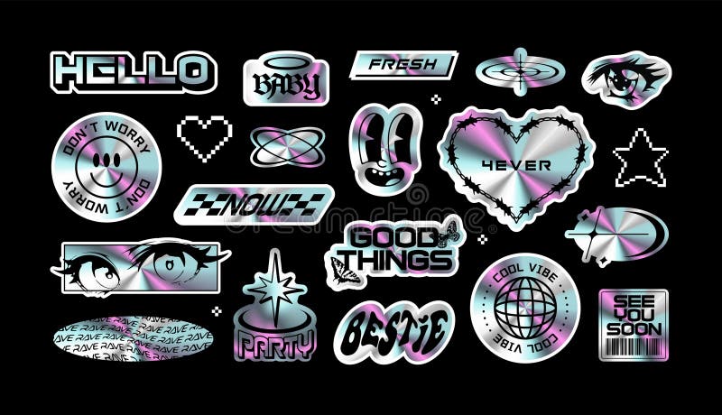 Trendy Holographic Y2K Sticker Set Stock Vector - Illustration of metal ...