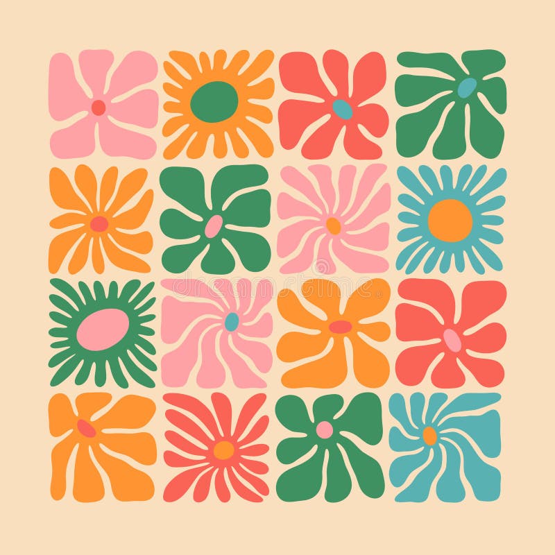 Colorful Retro Flower Illustration Set Stock Vector - Illustration of ...