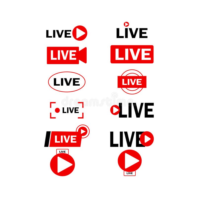 Set of Live Streaming Icons. Red Symbols and Buttons of Live Streaming ...