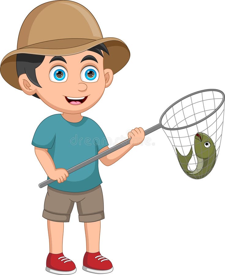 Little Boy Catches Fish with Net Cartoon Stock Vector - Illustration of ...