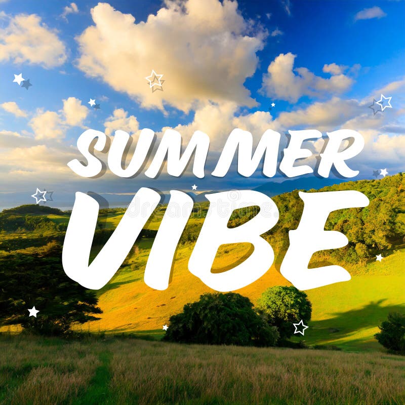 Summer Vibe Concept with Text on Blue Sky and White Clouds Background ...