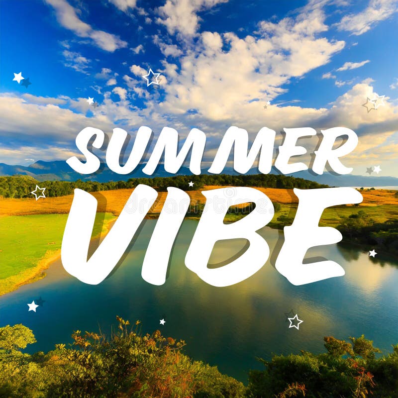 Summer Vibe Concept with Text on Blue Sky and White Clouds Background ...