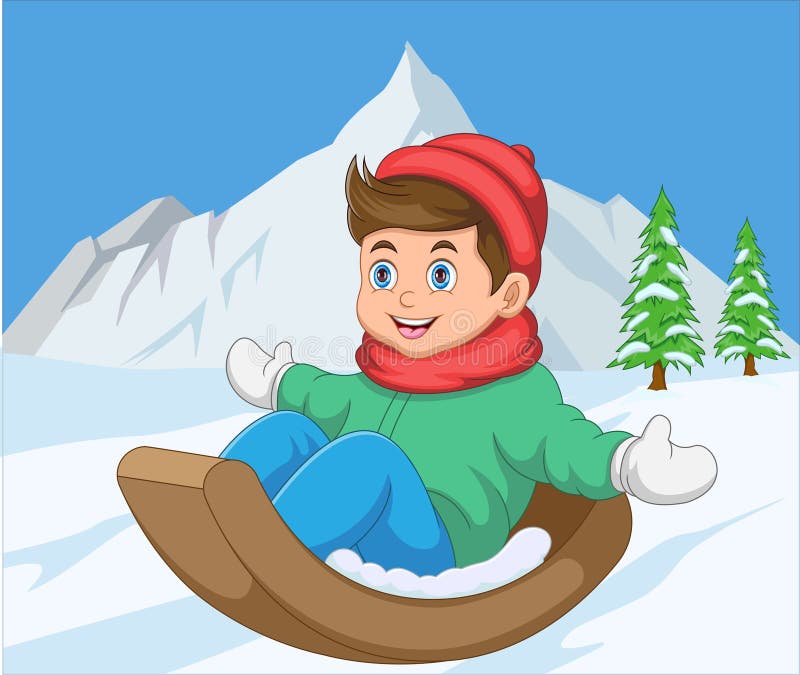 Cartoon Boy Sledding Down a Snow Hill Stock Vector - Illustration of ...