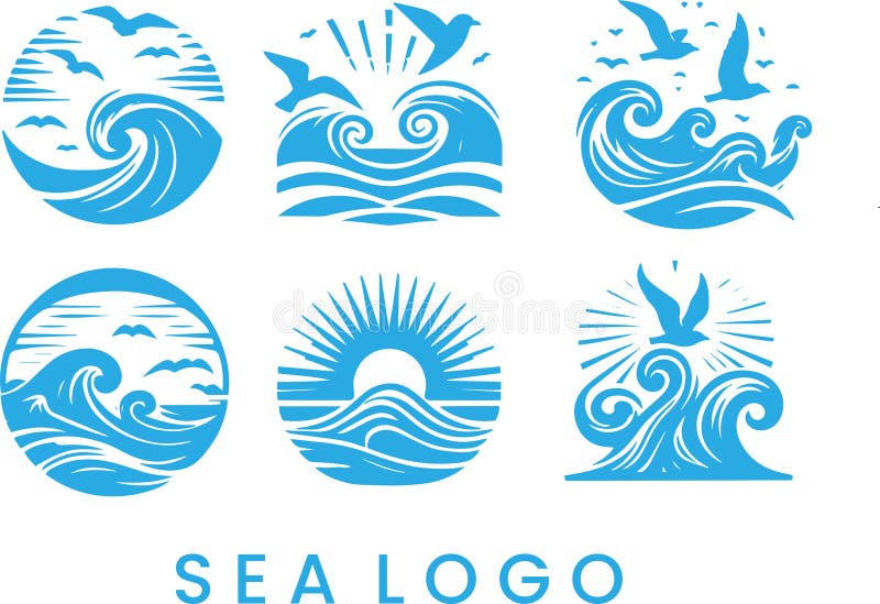 Vector Illustration Set of Logos of Sea Waves and Seagulls Stock Vector ...