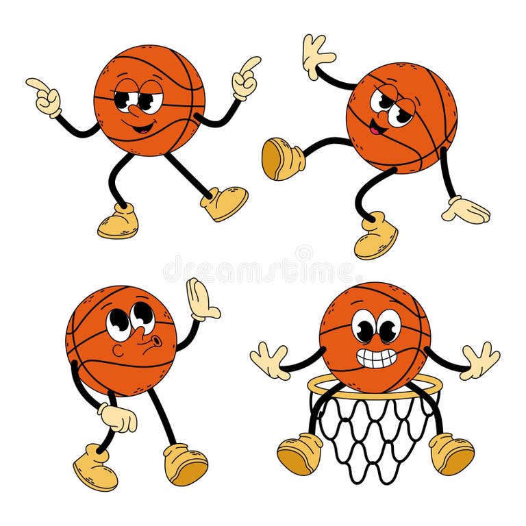 Groovy Character Basketball. Set Cool Cartoon Trendy Retro Style ...
