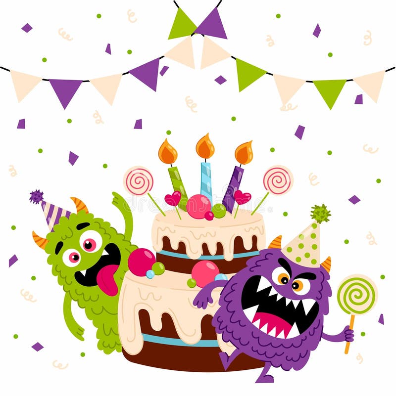 Holiday Card, Background, Poster with Cute Monsters. Cartoon Monsters ...