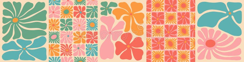 Colorful Retro Flower Illustration Set Stock Vector - Illustration of ...