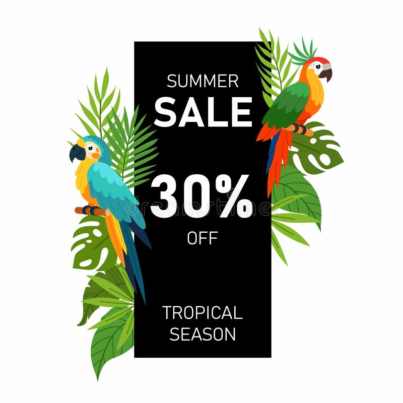 Vertical Discount Banner with Parrot and Tropical Plants in Flat Style ...