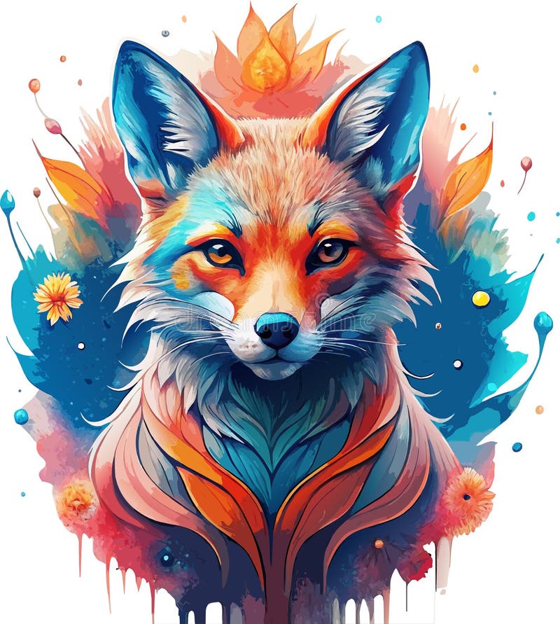 Fox in Bright Blue and Red Colors in Japanese Fantasy Style Stock ...