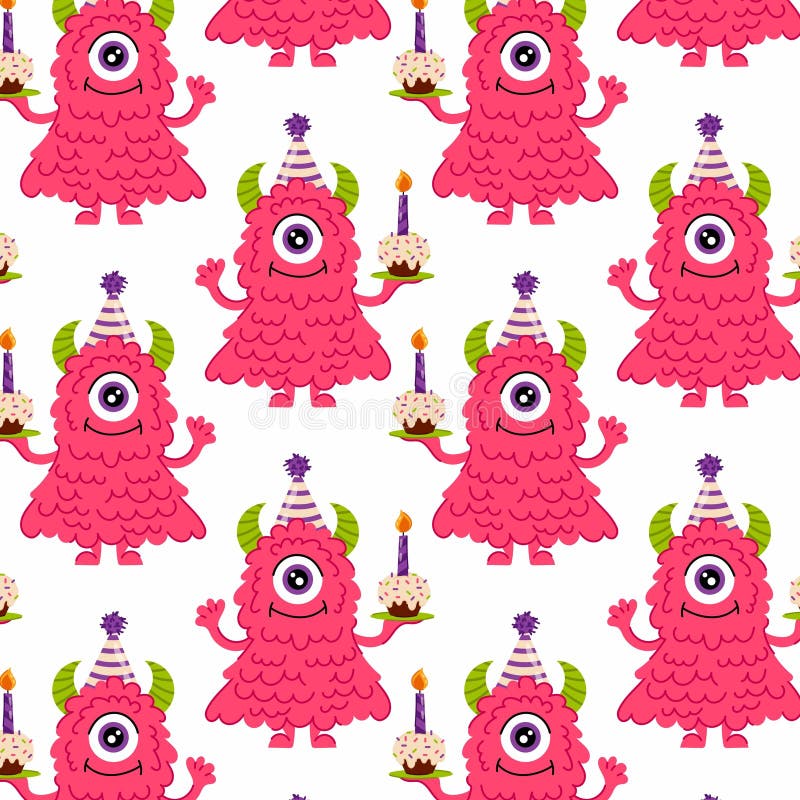 Fluffy Pink Monster with Cake in Flat Style on a White Background ...