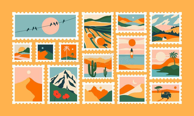 Set of Retro Nature Landscape Post Card Stamp Stock Vector ...