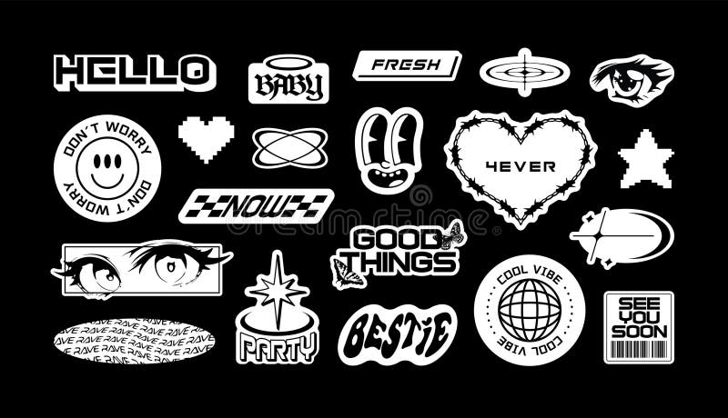 Trendy Y2K Black and White Sticker Illustration Set Stock Vector ...
