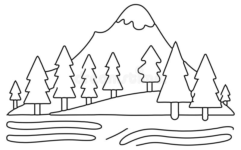 Mountain with Pine Trees and Lake Landscape. Hand Drawn Illustration ...