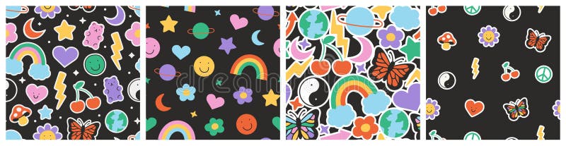 Fun Retro Cartoon Sticker Seamless Pattern Set Stock Illustration ...