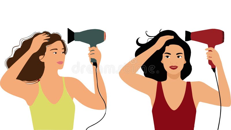 Two Women Blonde and Brunette Drying Long Hair with Hair Dryer Stock ...
