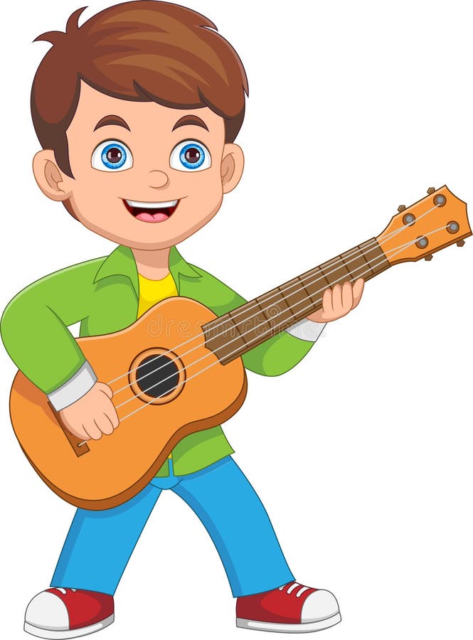 Little Boy Playing Guitar Cartoon Stock Vector - Illustration of melody ...