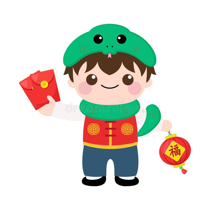 Cute Boy Celebrate Chinese New Year with Snake Hat, Red Packet and ...