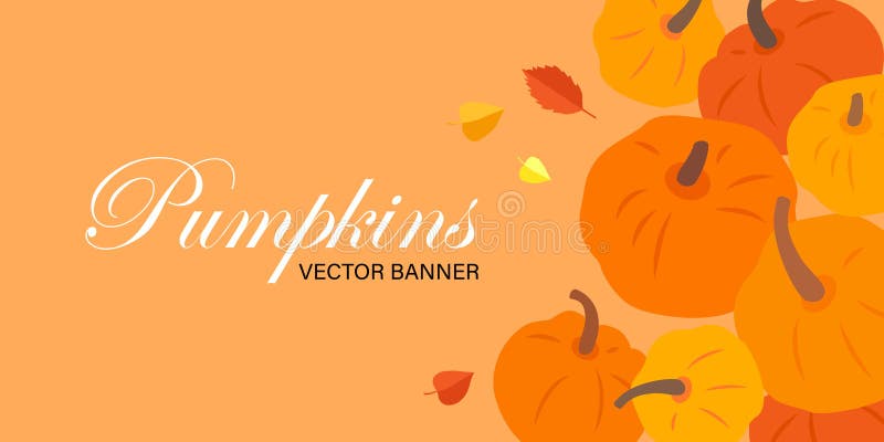 Banner with Pumpkins and Autumn Leaves on a Orange Background Stock ...