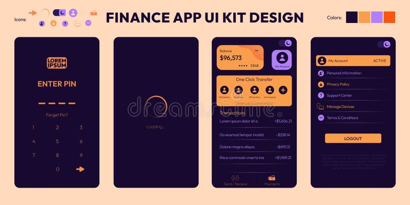 Finance App UI Kit Design with Editable Vector Screens and Color ...