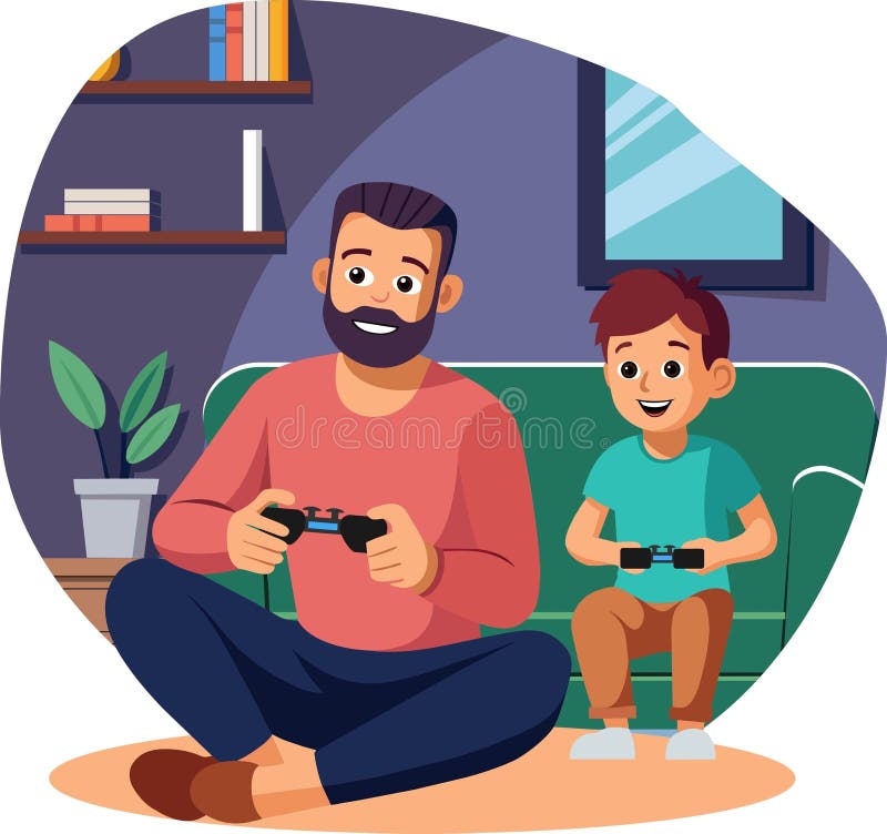 Dad Plays with His Son on the Console at Home. Stock Vector ...
