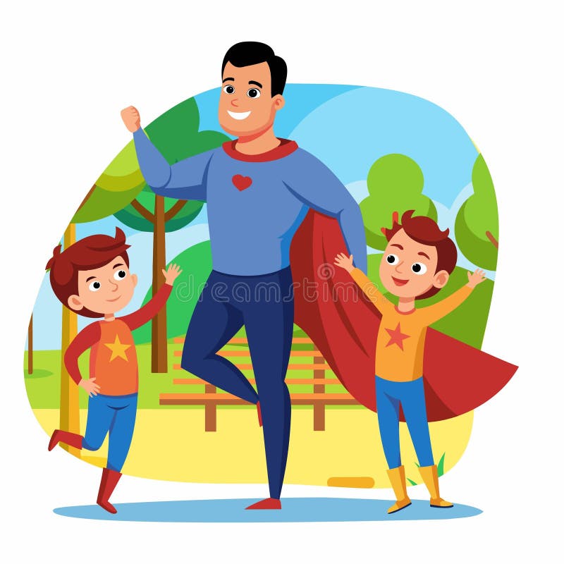 Father with Sons in the Park. Super Hero Dad Stock Vector ...