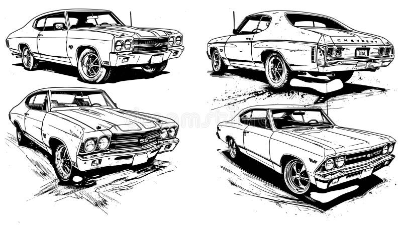 Highly Detailed Ink Sketch of Chevrolet Chevelle Set Featuring Classic ...