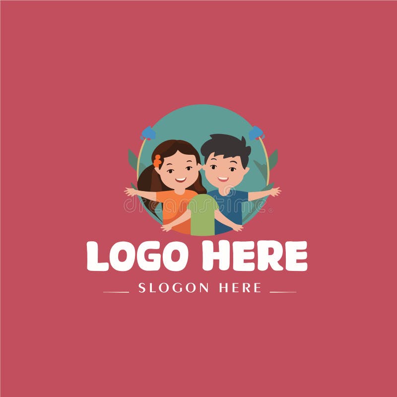Children S Logo with Happy Boy and Girl, Green Leaves, and Pink ...