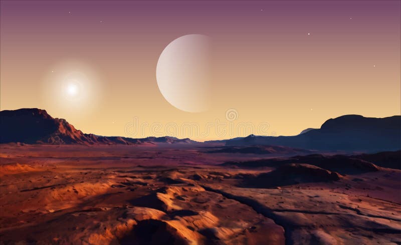 Science Fiction Fantasy Planet with Sky, Sun, Moon, Stars, Desert with ...