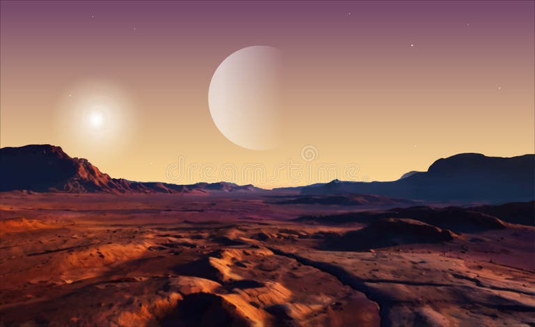 Science Fiction Fantasy Planet with Sky, Sun, Moon, Stars, Desert with ...