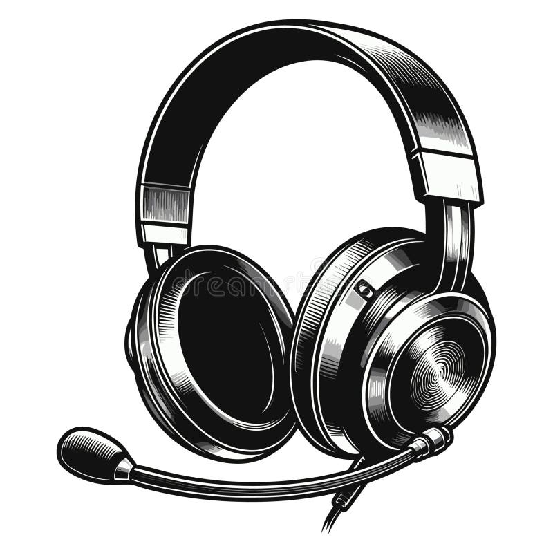 Detailed Vintage Illustration of Headphones with Microphone - Retro ...