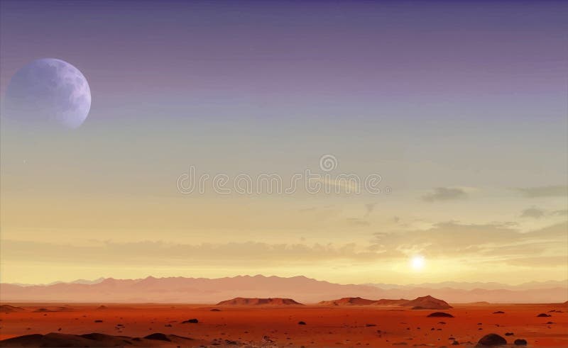 Science Fiction Planet with Sky, Sun, Moon, Stars, Desert Landscape ...