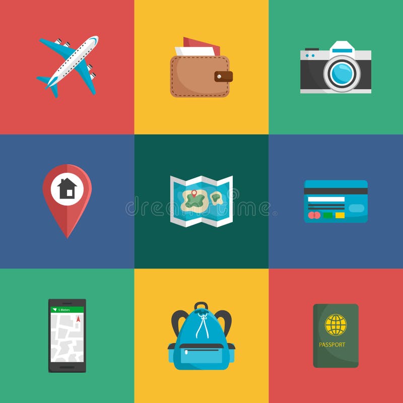 Flat Hand Drawn Vector Travel Icon Set. Stock Vector - Illustration of ...