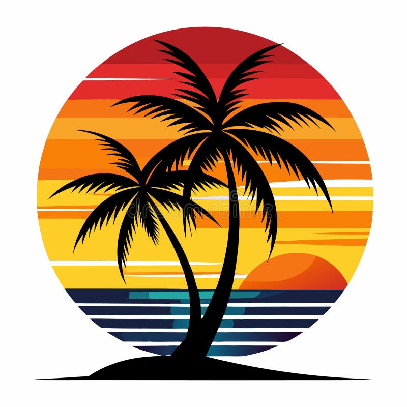 Retro Vintage Tropical Island with Sunset and Palm Trees Flat Color ...