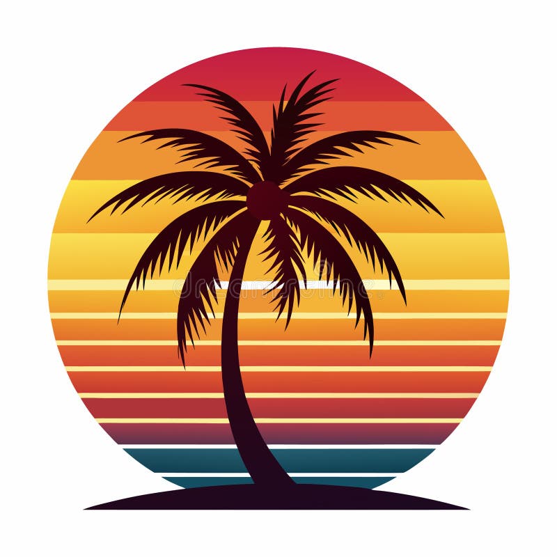 Retro Vintage Tropical Island with Sunset and Palm Trees Flat Color ...