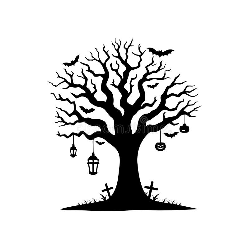 Halloween Tree, Old Haunted Tree Silhouette Vector Art Illustration on ...