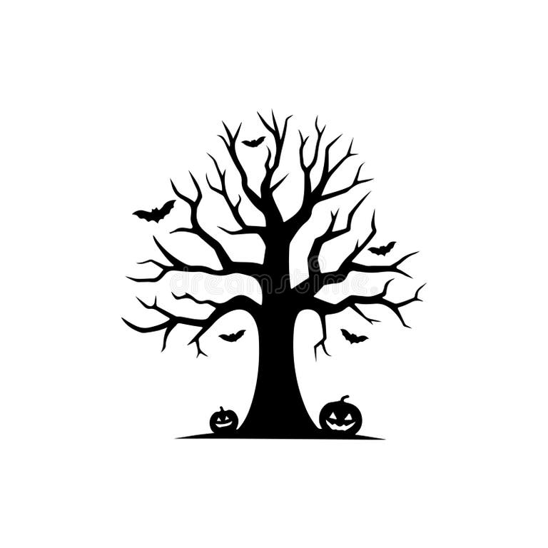 Halloween Tree, Old Haunted Tree Silhouette Vector Art Illustration on ...