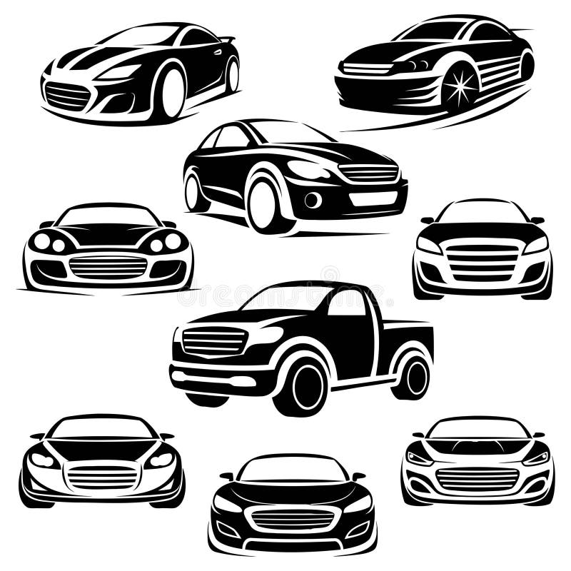 Set of Icons, Logo, Symbols, Car Silhouettes, Black Contour Drawing on ...