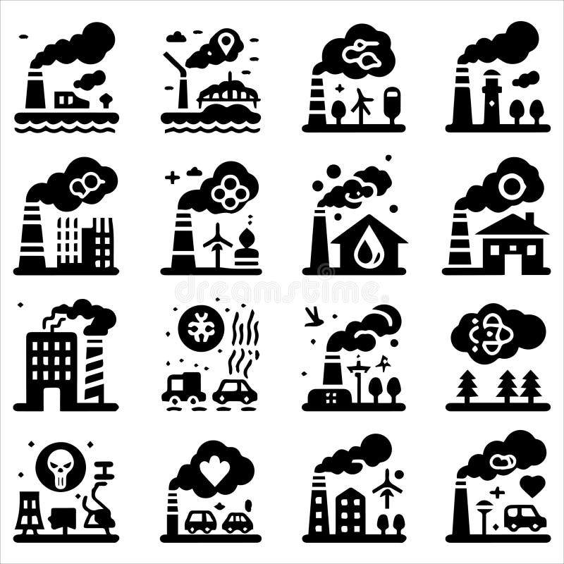 Pollution Icons Set. Factory, Business Center, Storage, Production ...