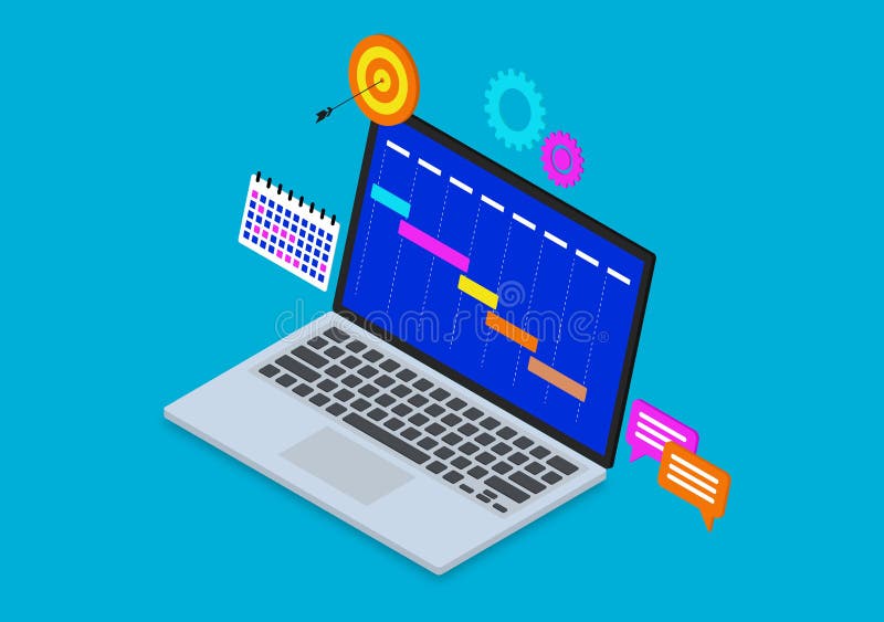 Project Management Software with Laptop, Calendar, Bubble Chat, Gear ...