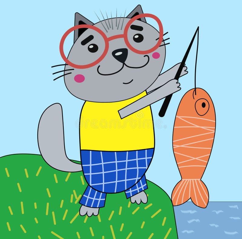 Child S Image of a Cat Catching a Fish Vector Image Stock Vector ...