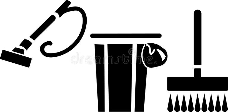 Cleaning Equipment Icon Set – Vacuum, Bucket, and Scrub Brush Stock ...