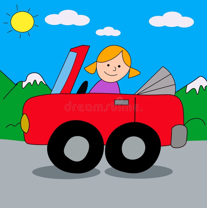 Child S Drawing of a Girl Riding in a Car. Stock Vector - Illustration ...