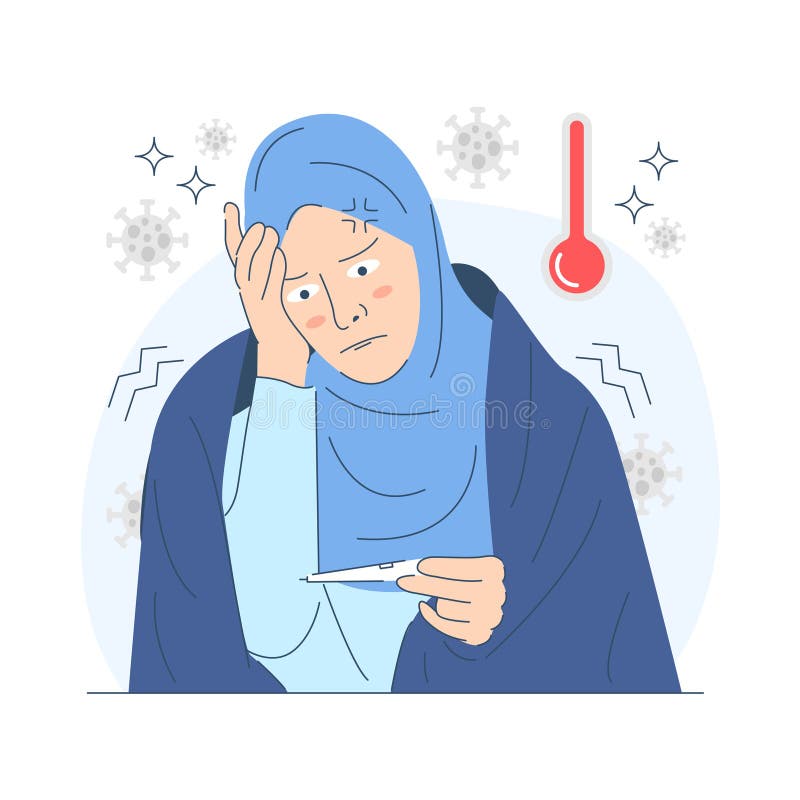 Sick Muslim Woman in Hijab with Cold and Fever Symptoms. Illness and ...
