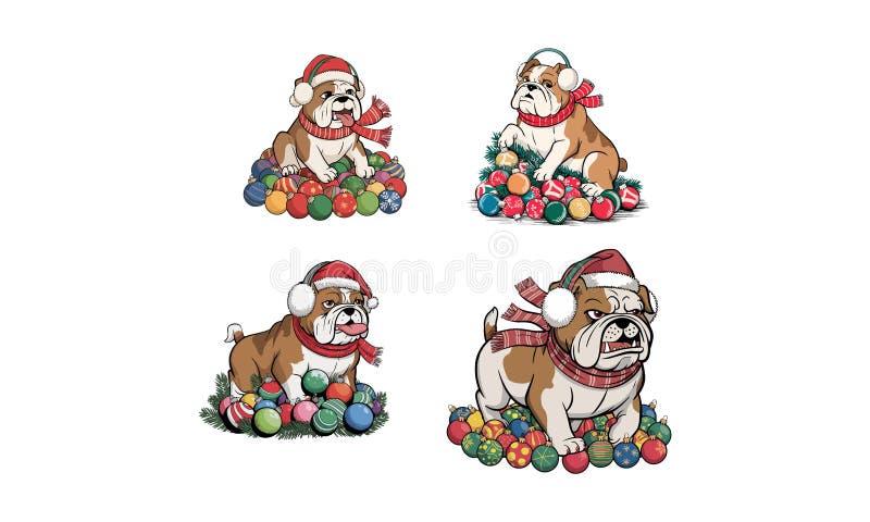 Grumpy Bulldog in Winter Accessories with Christmas Ornaments - Festive ...