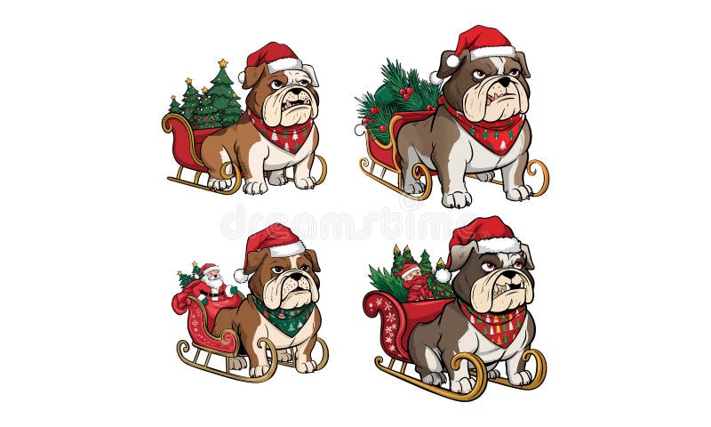 Grumpy Bulldog in Santa Hat with Festive Sleigh and Holiday Decorations ...