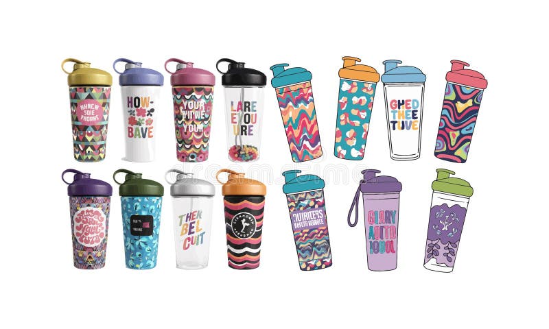 Colorful Water Bottle and Shaker Cup Vector Set with Stylish Patterns ...