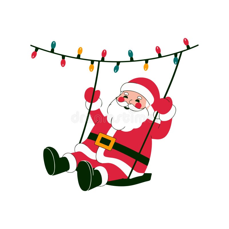 Santa Claus Swinging on a String of Colorful Holiday Lights Stock ...
