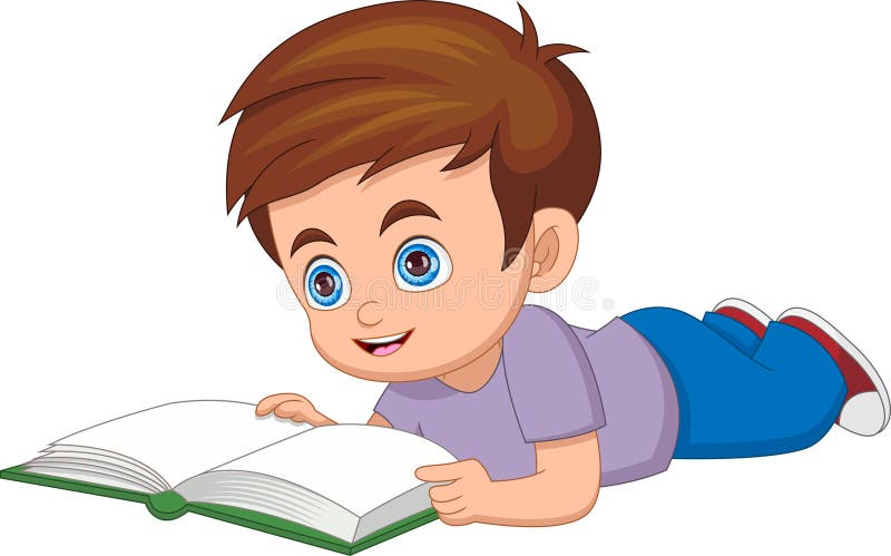 Cute Little Boy Reading a Book while Lying on the Floor Stock Vector ...